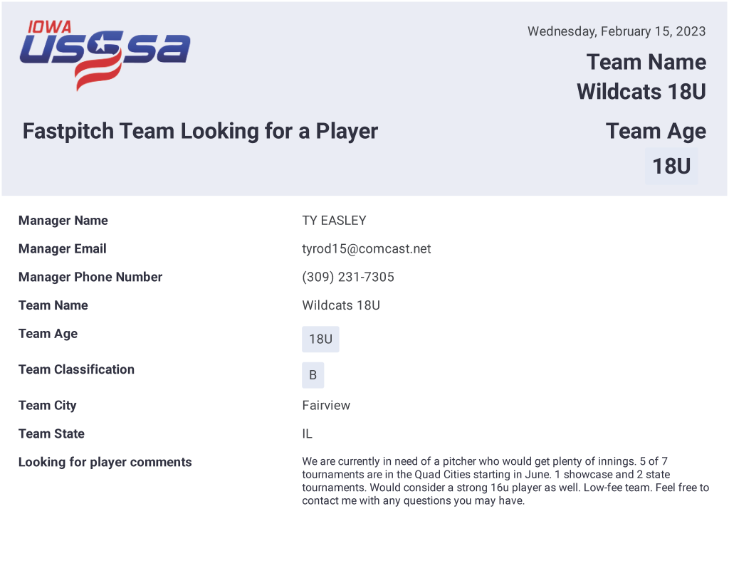 Team Looking for a Player – Iowa Fastpitch – USSSA