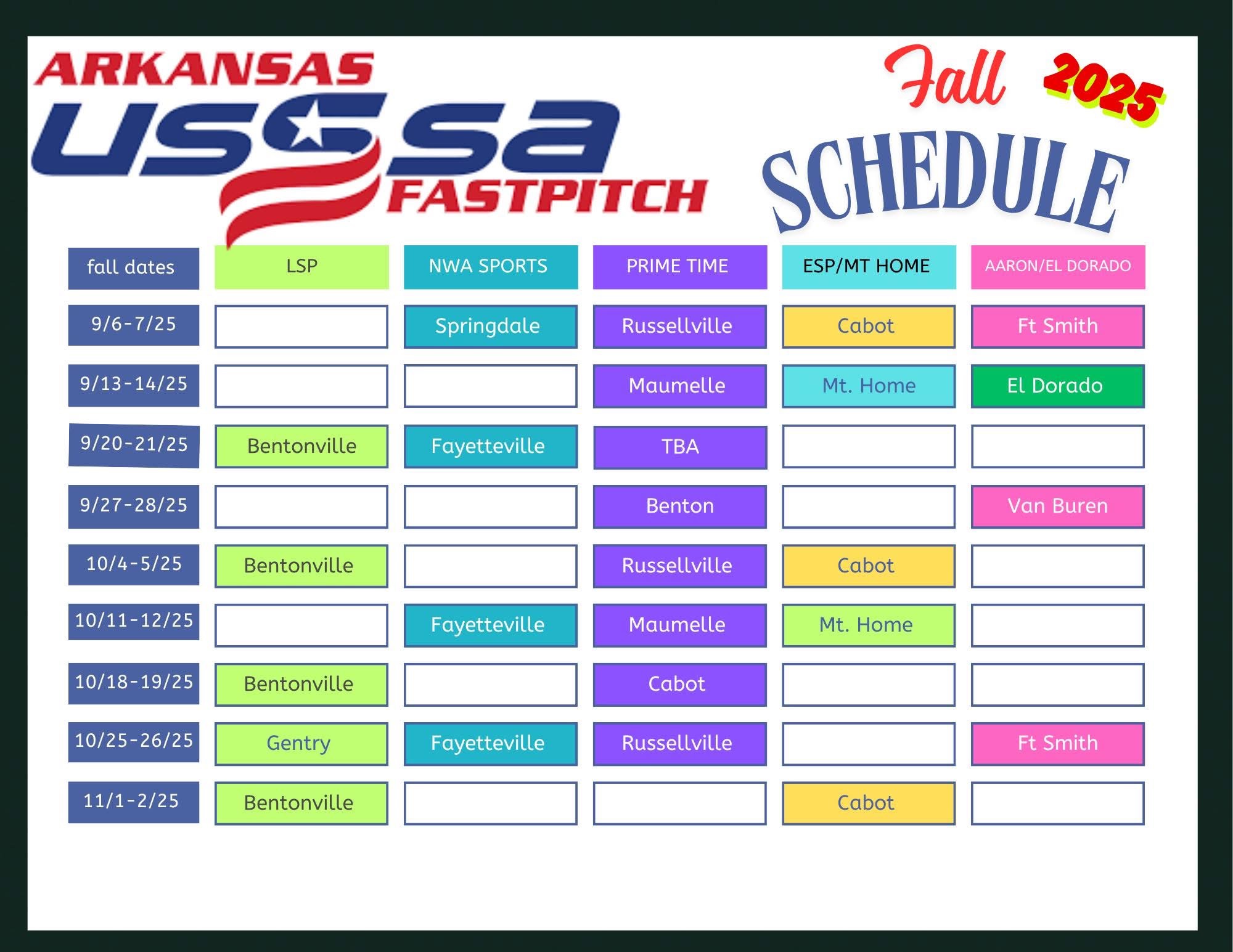 Fall Schedule – Arkansas Fastpitch – USSSA