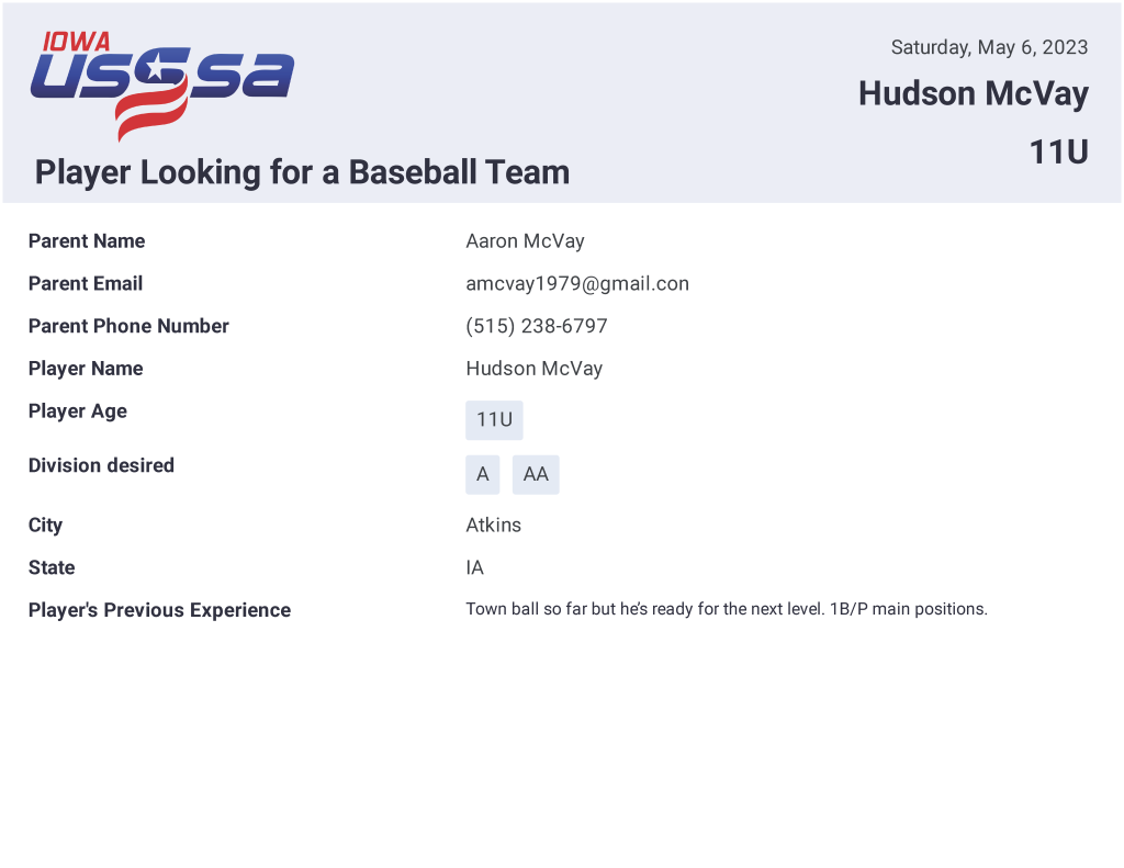 Player Looking for a Team – Iowa Baseball – USSSA