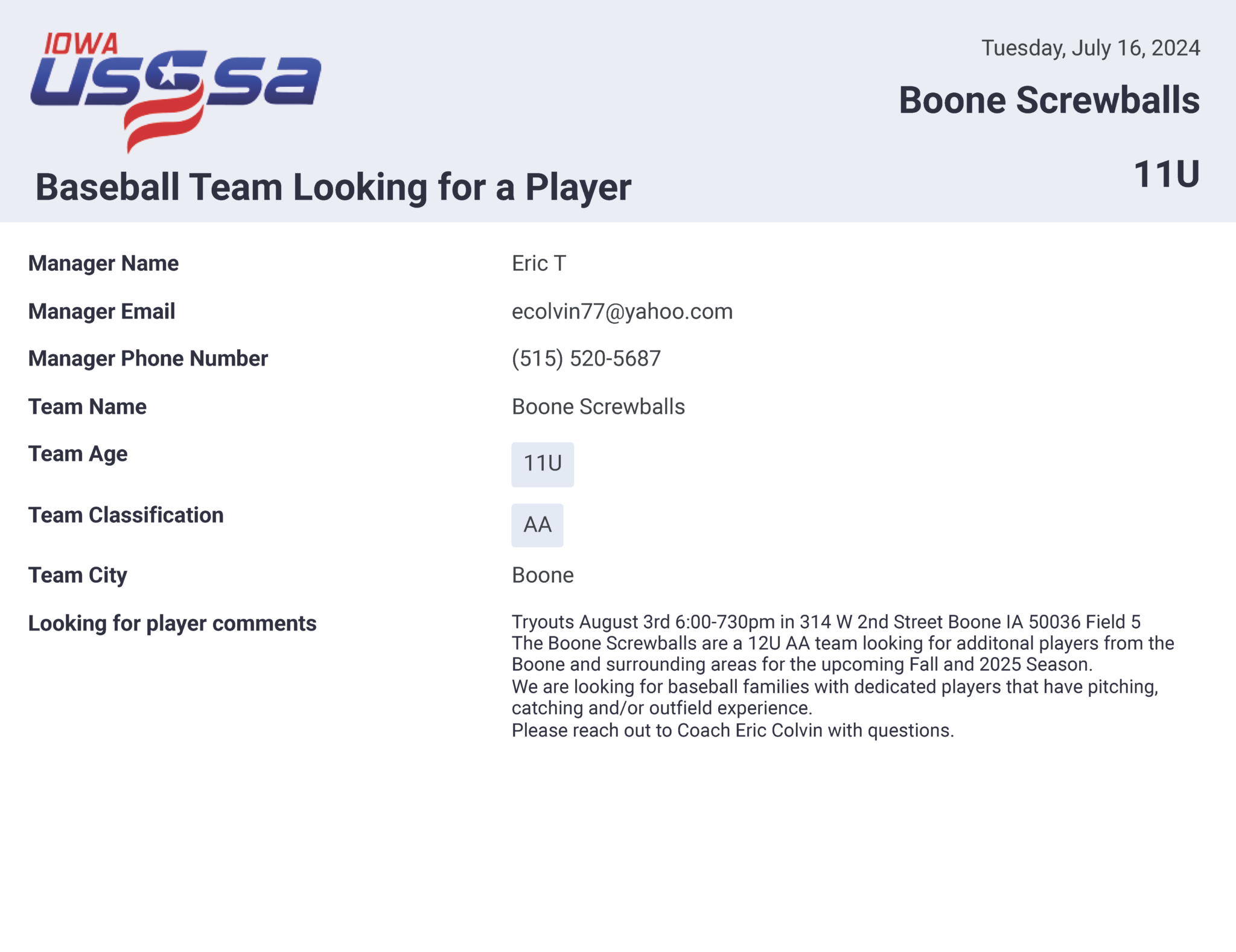 Team Looking for a Player – Iowa Baseball – USSSA