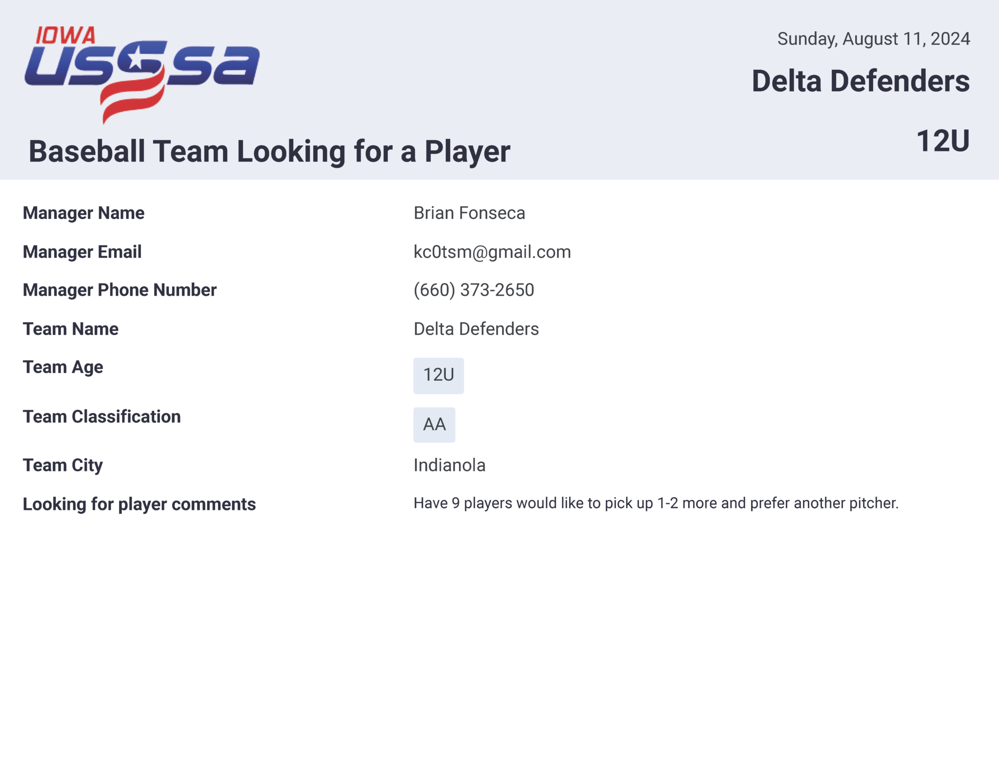 Team Looking for a Player – Iowa Baseball – USSSA