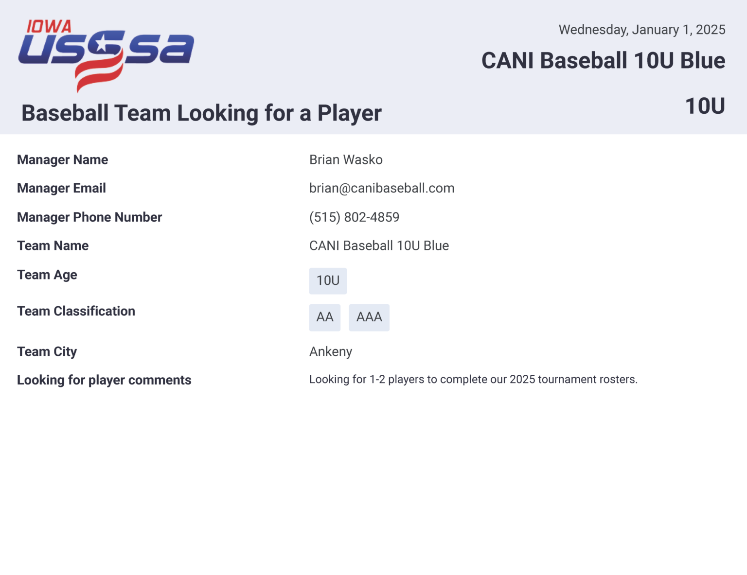 Team Looking for a Player – Iowa Baseball – USSSA